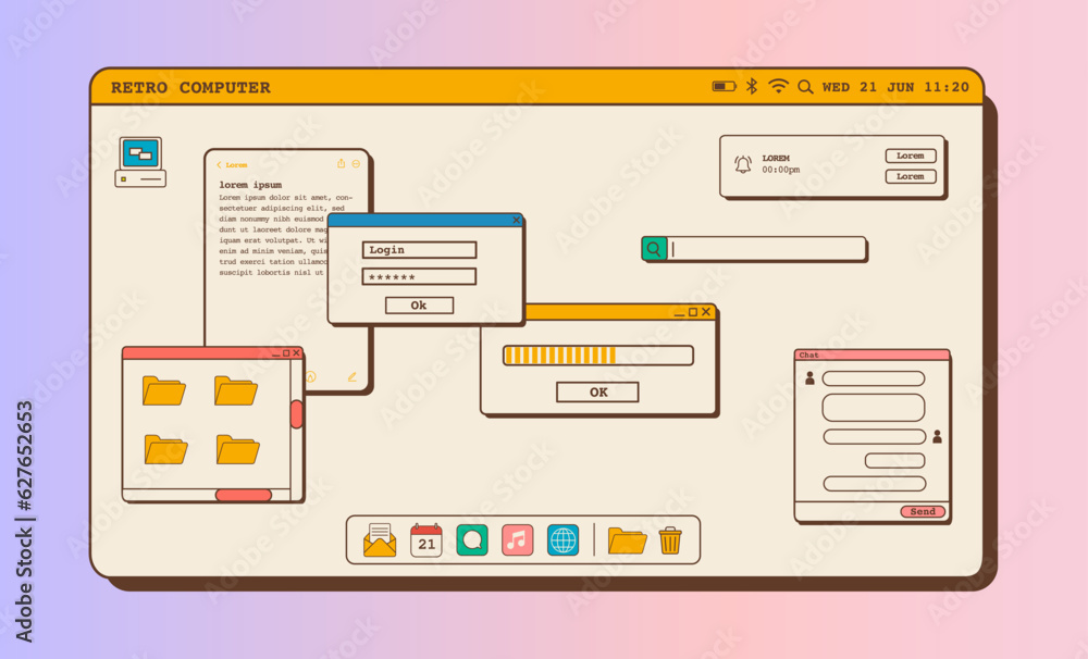 Vintage aesthetic computer desktop page with popup boxes. Vaporwave ...