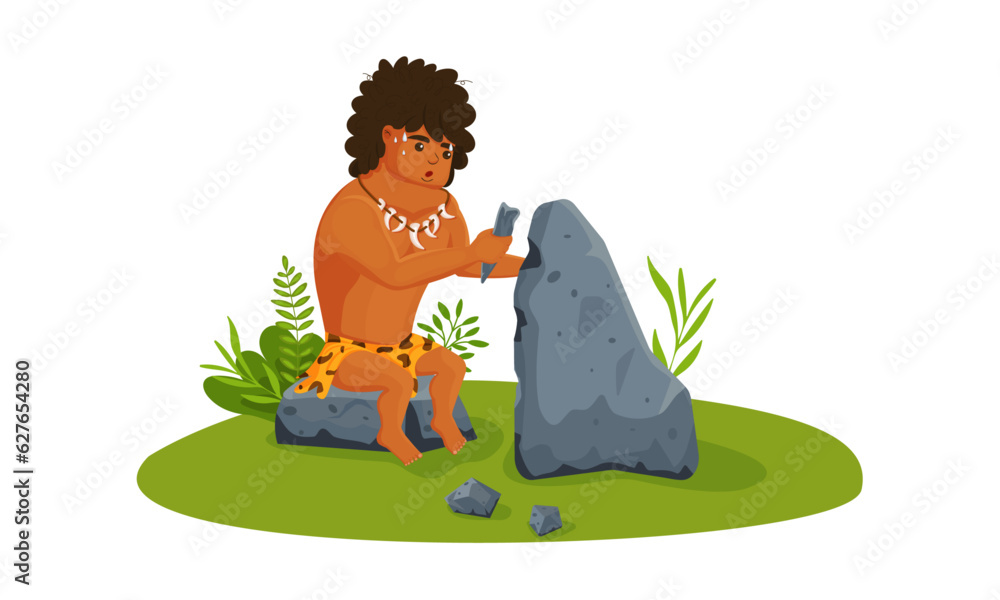 Cartoon wild prehistoric caveman character sitting, caveman holding ...