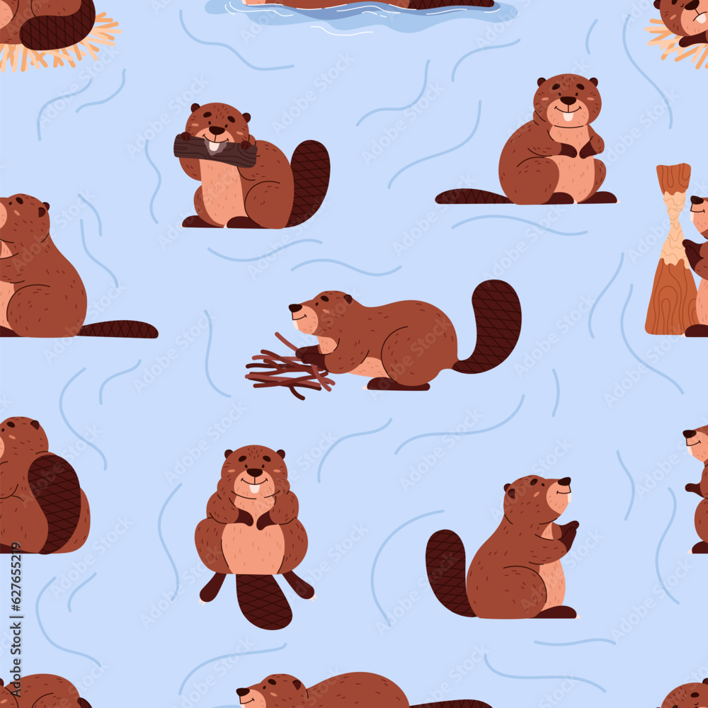 Seamless pattern with cartoon beavers gnaws at tree, collect branches ...