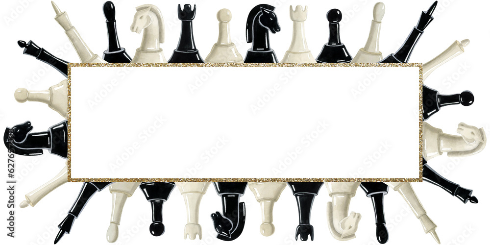 Horizontal chess pieces banner frame template watercolor illustration ...