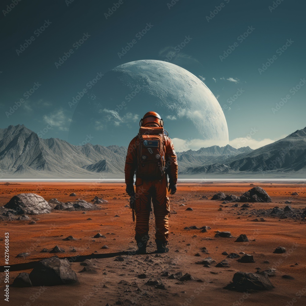 Astronaut walking on the surface of Mars with a planet in the distance ...