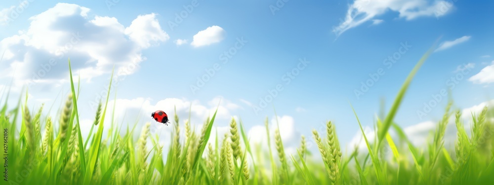 Spring summer scenery with fresh green tall grass in wind and ladybug ...