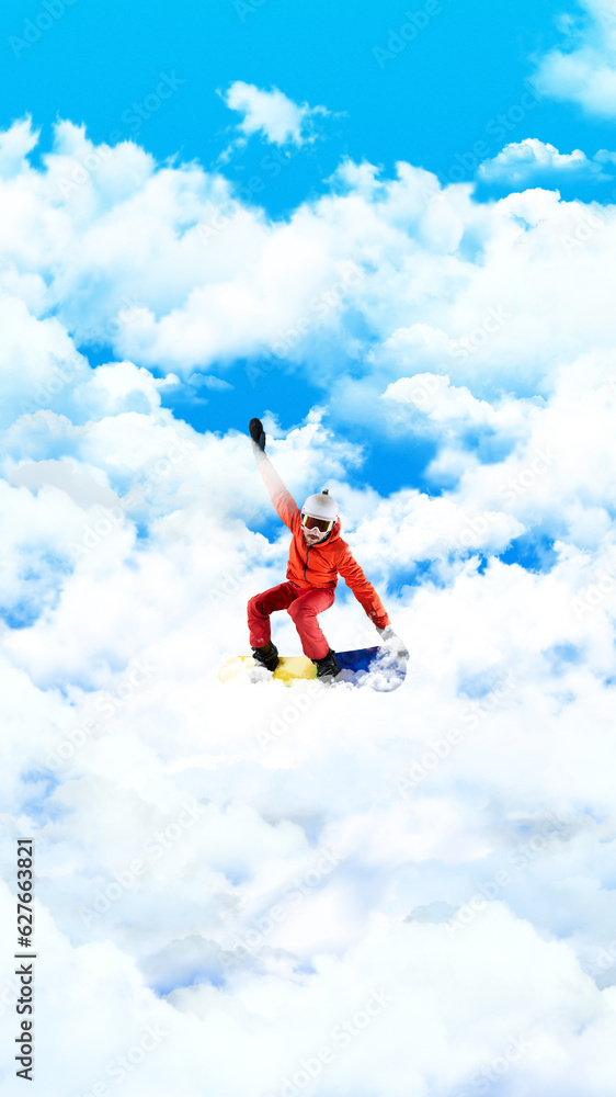 Man in helmet and uniform snowboarding on sky. Winter sports, vacation ...