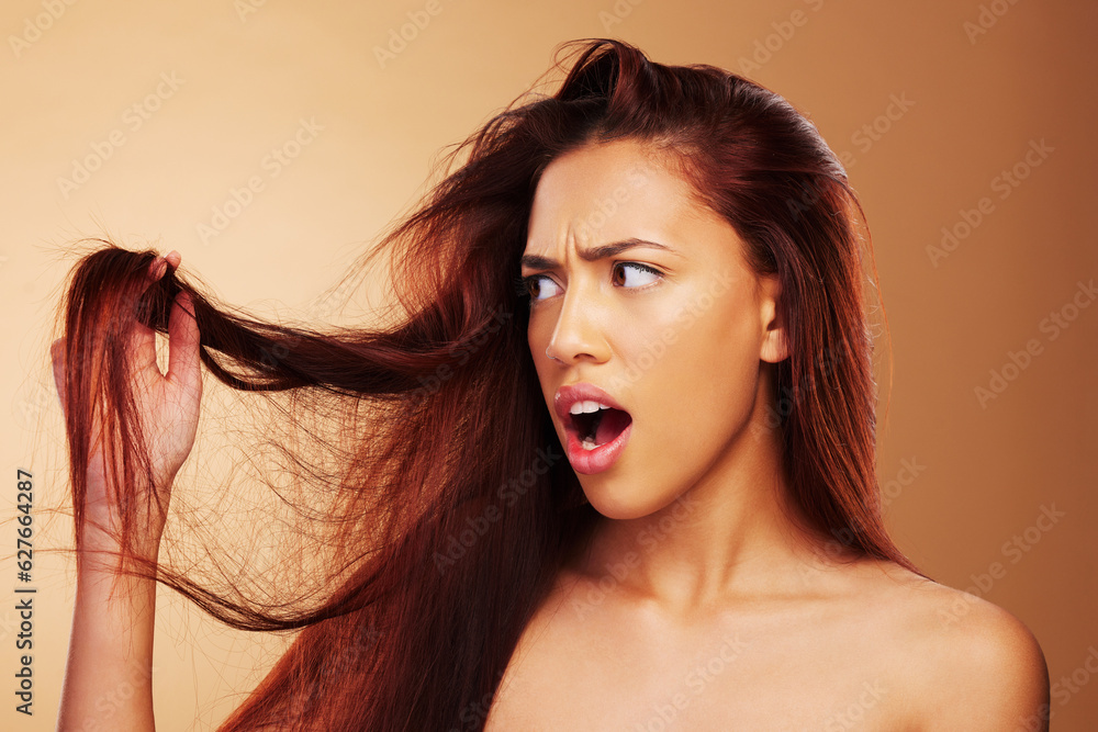 Damaged, hair and a woman upset in studio about salon, split end and ...