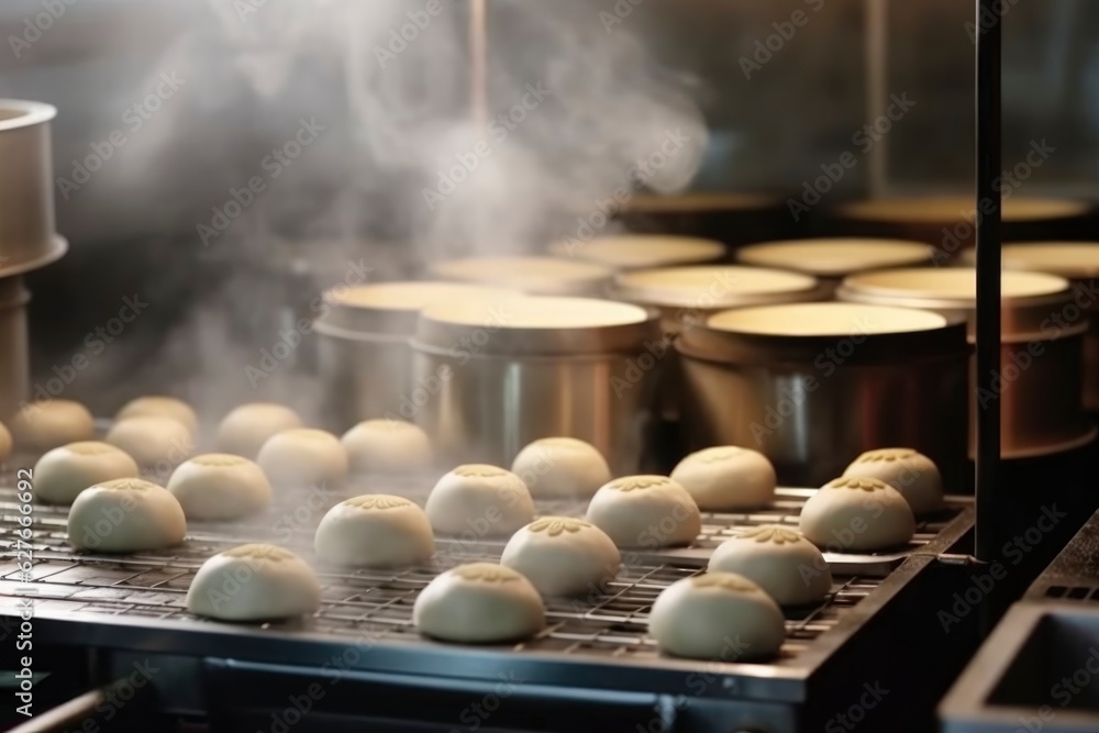 Production Process of Chinese Bun at Factory, Chef Preparing Steamed ...