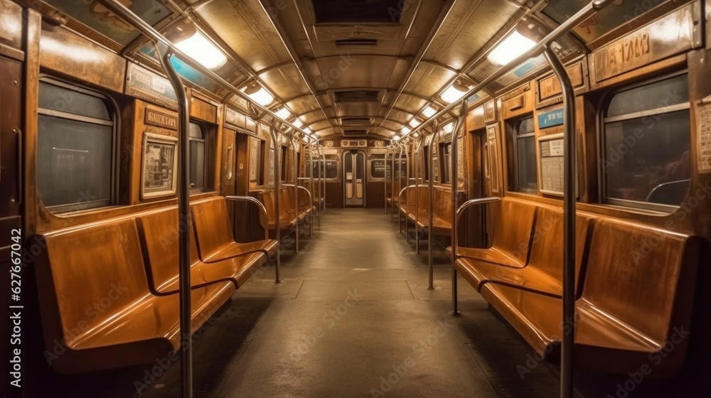 interior of empty train, vintage metro subway old fashion style, metal ...