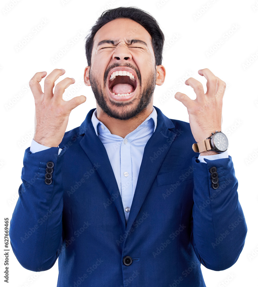 Frustrated, anger and screaming with business man in studio for ...