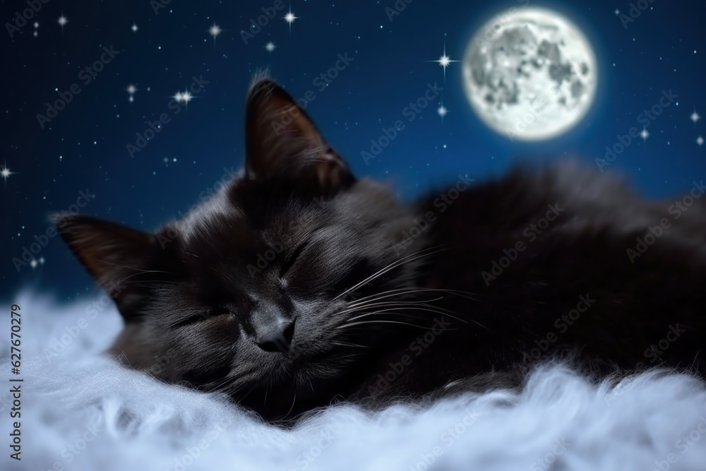 Black cat sleeping on fluffy cloud, starry night sky with a moon on ...
