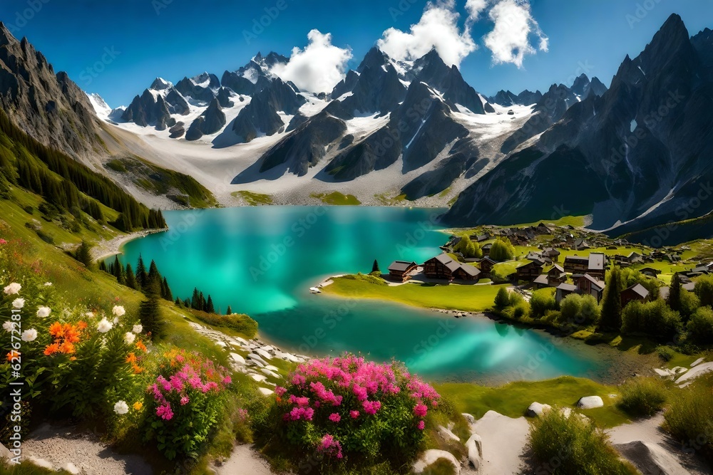 The scene opens to a breathtaking summer panorama, where Lac Blanc lake ...