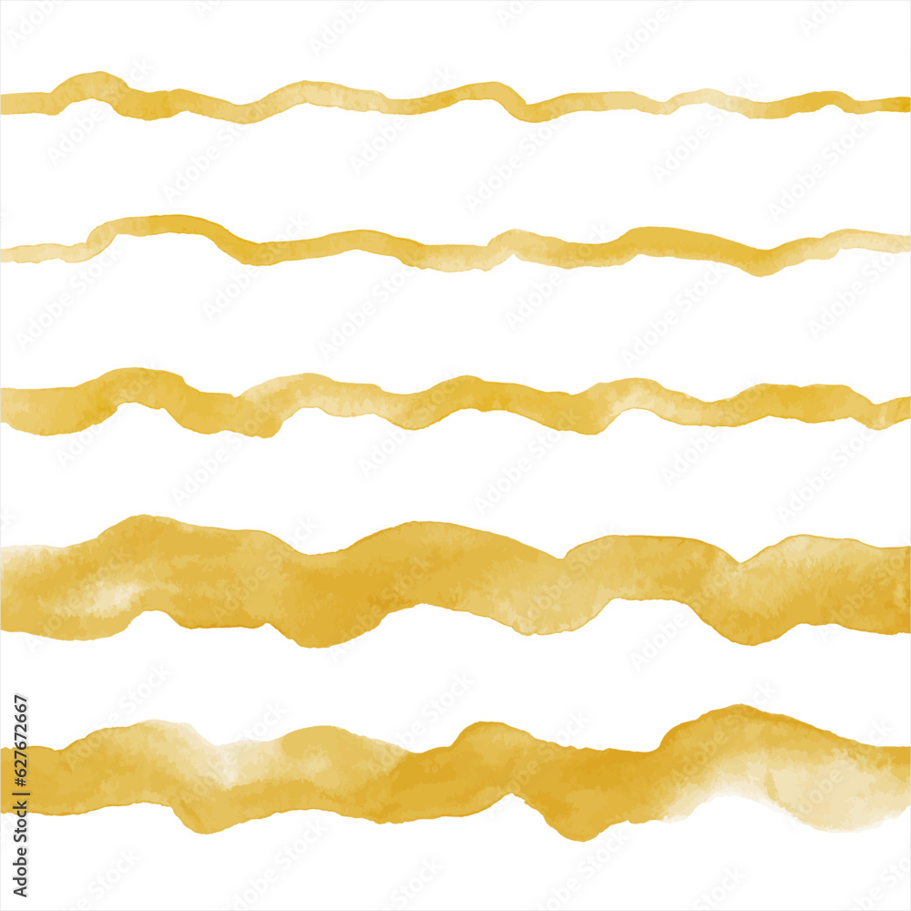 Mustard yellow watercolor vector wavy brush strokes, uneven wide, thin ...