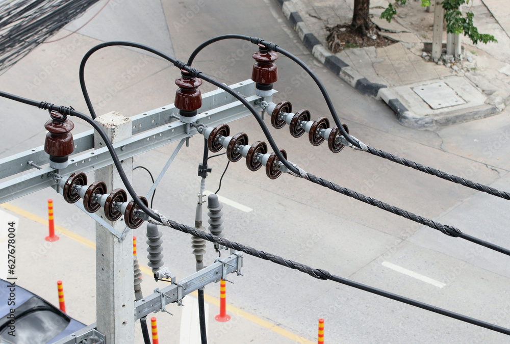 HV Insulators and Cable Installation on Concrete Electrical Pole Top ...