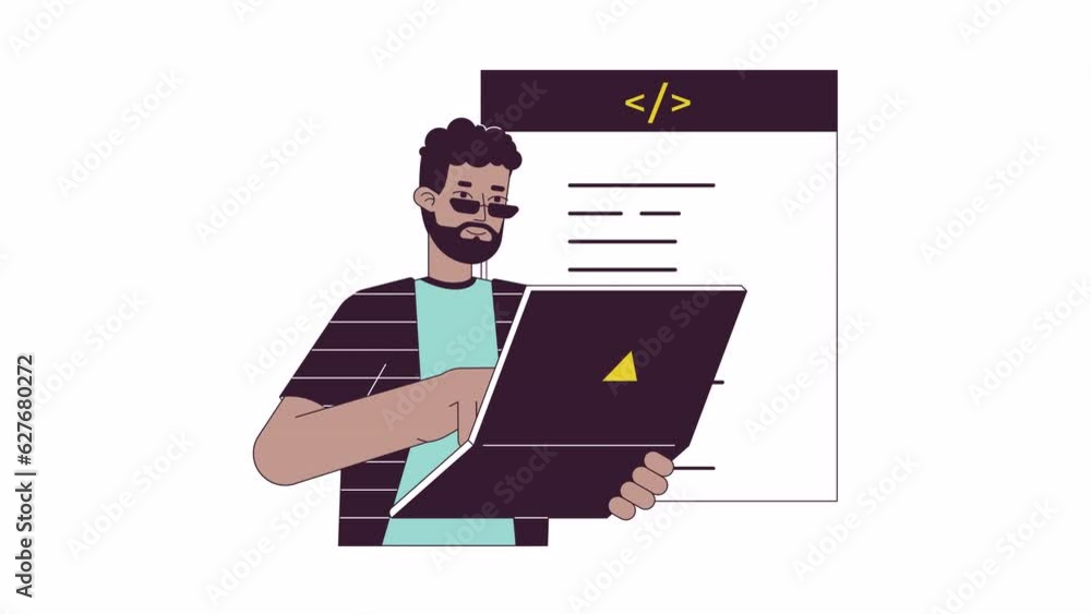 It developer coding on laptop line 2D animation. Software engineering ...
