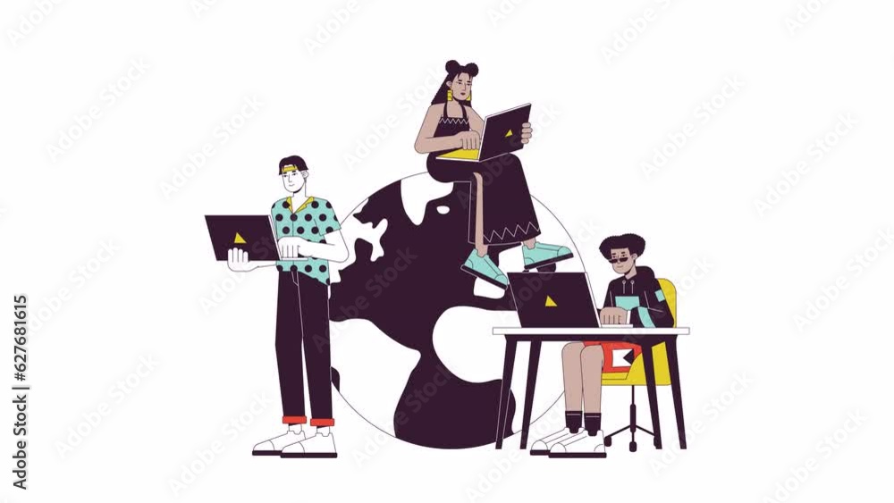 Remote work team line 2D animation. Internet global business 4K video ...