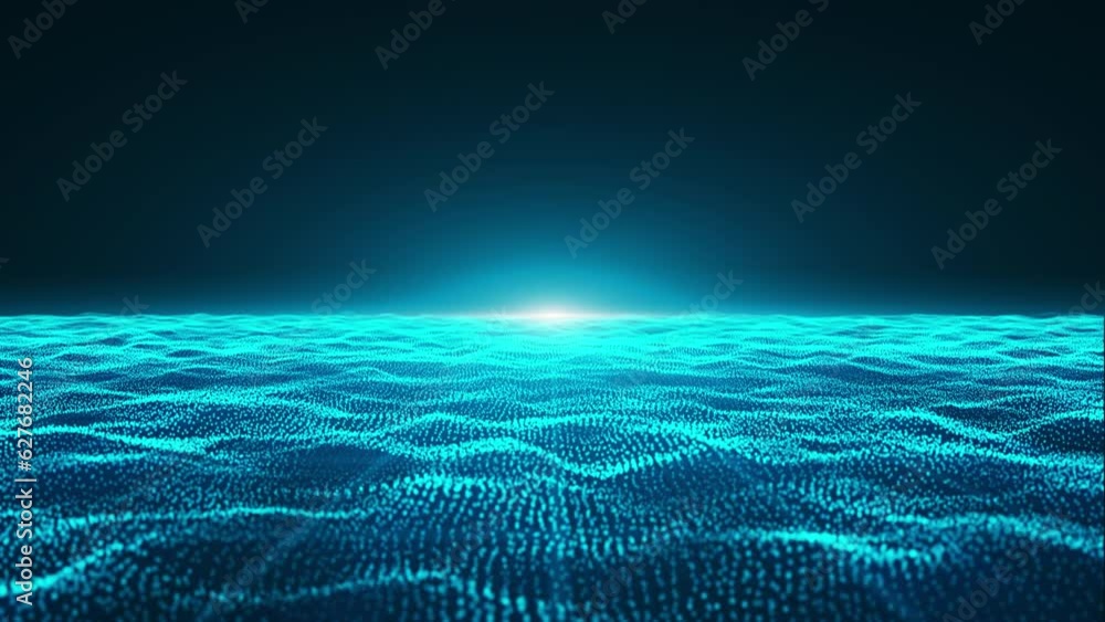 Blue abstract digital particle waves with sunset background. .Hi ...
