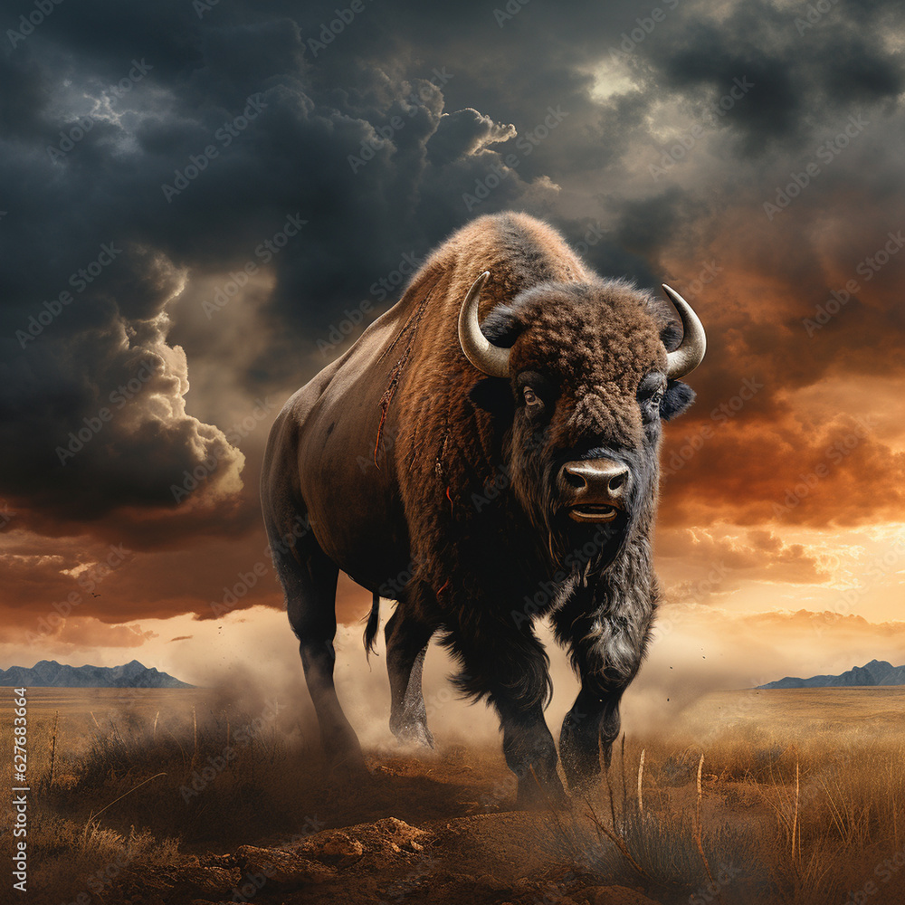 Bison in the Field Against Dark Stormy Clouds. European Bison. AI ...