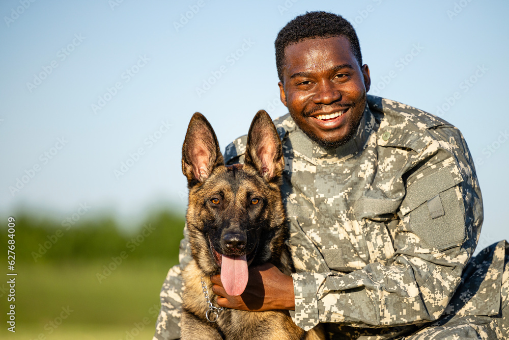 Portrait of soldier in uniform and military dog being together. Stock ...