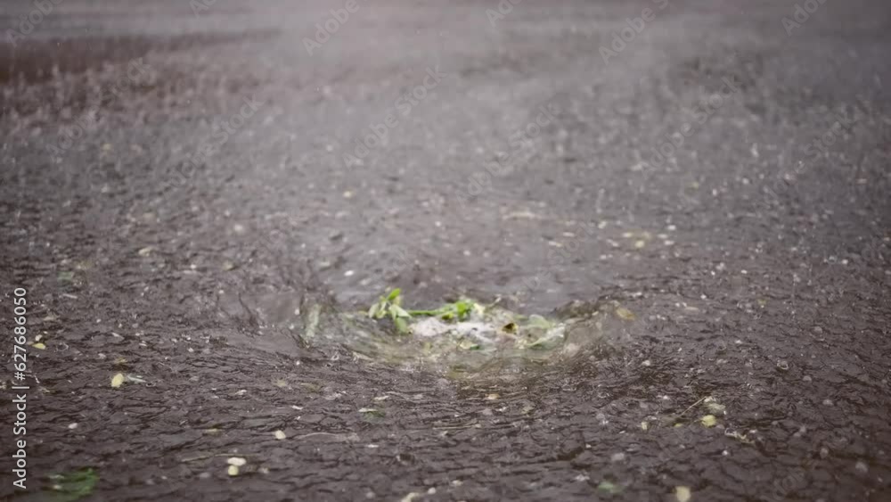 Real time, Close up of swift stream of rainwater flows into storm drain ...