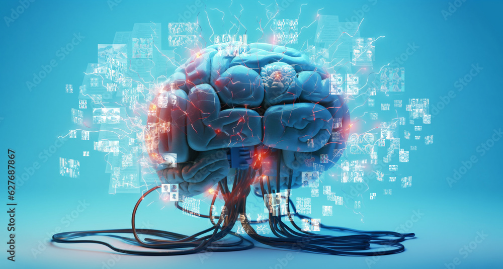 AI training concept of a human brain full with input, shows multiple ...