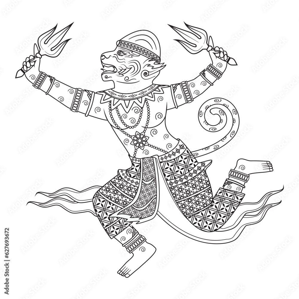 Line art vector of Hanuman or Anjaneya Hindu god characters in Ramayana ...