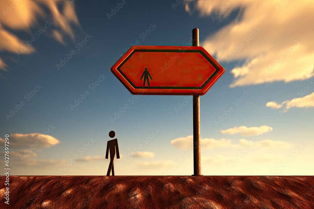 Conceptual 3D business man standing on a road sign with a red arrow ...