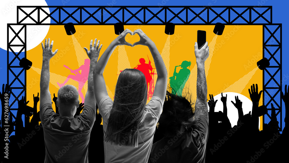 Cheerful young people attending live concert, feeling happy and excited ...