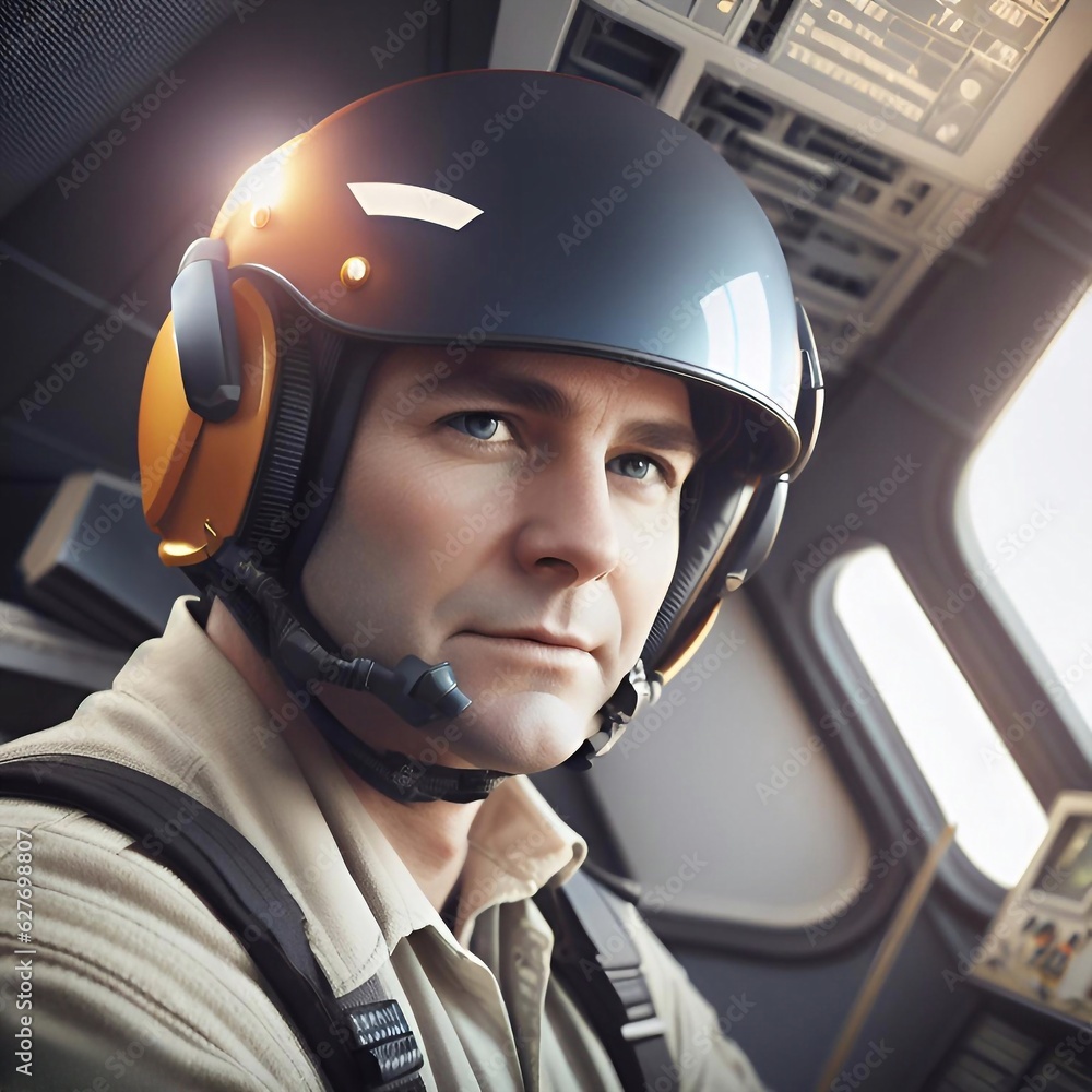 A jet pilot, in military uniform and helmet, in the cockpit of a ...