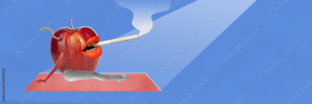 Art collage of apple smoke while sunbathing and worm comes out of it ...