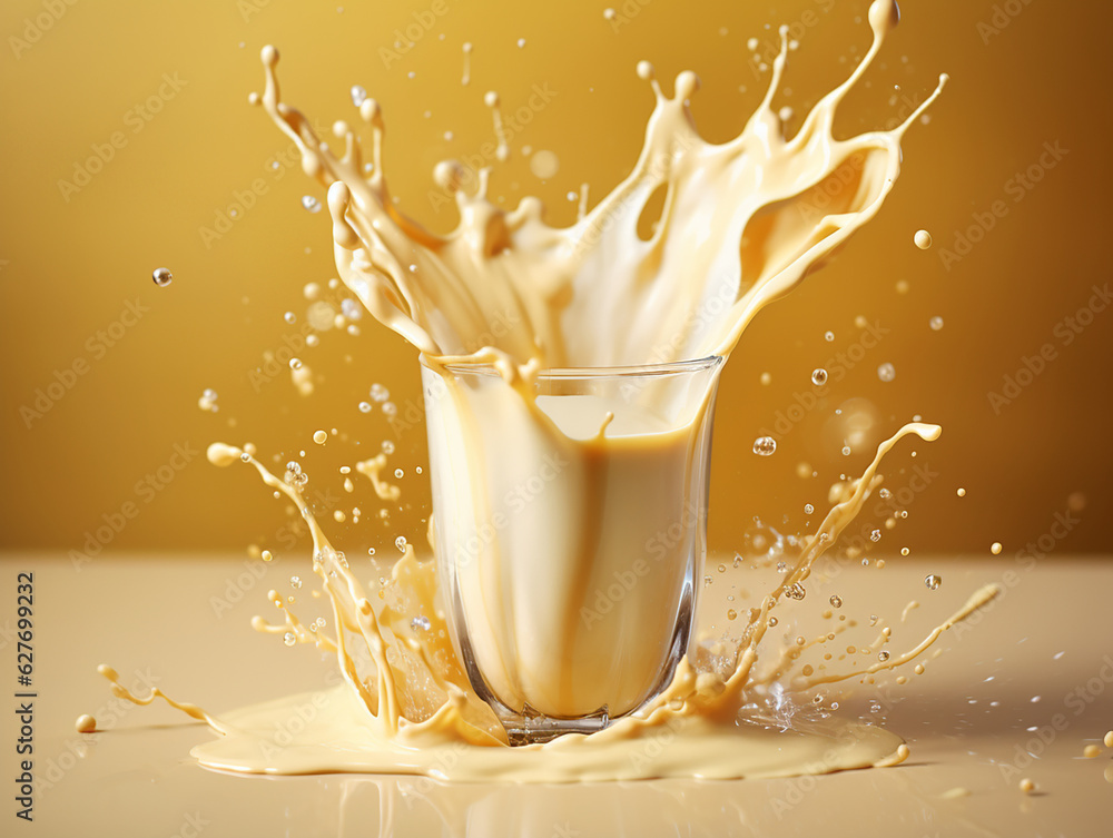 Almond Milk splash in a glass isolated on yellow background. Oat milk ...