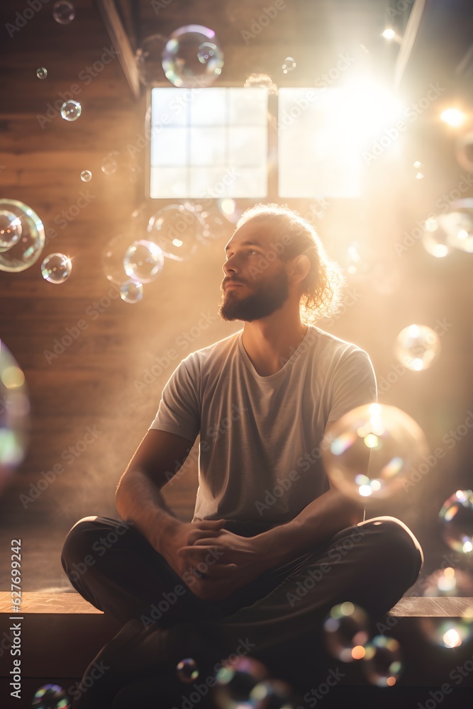 Relaxed adult man breathing fresh air with bubbles representation of ...