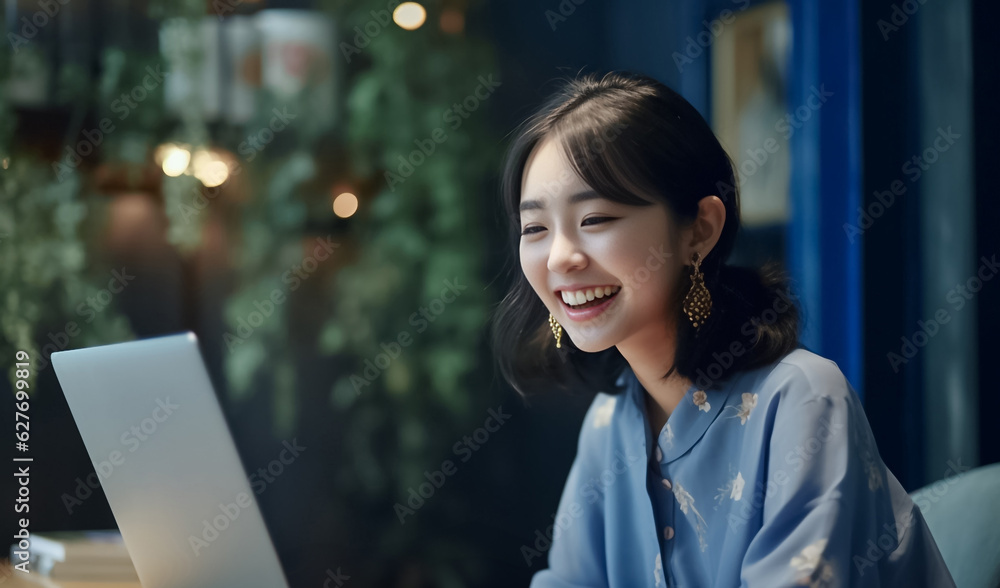 Asian office working girl with a radiant smile sits in front of her ...