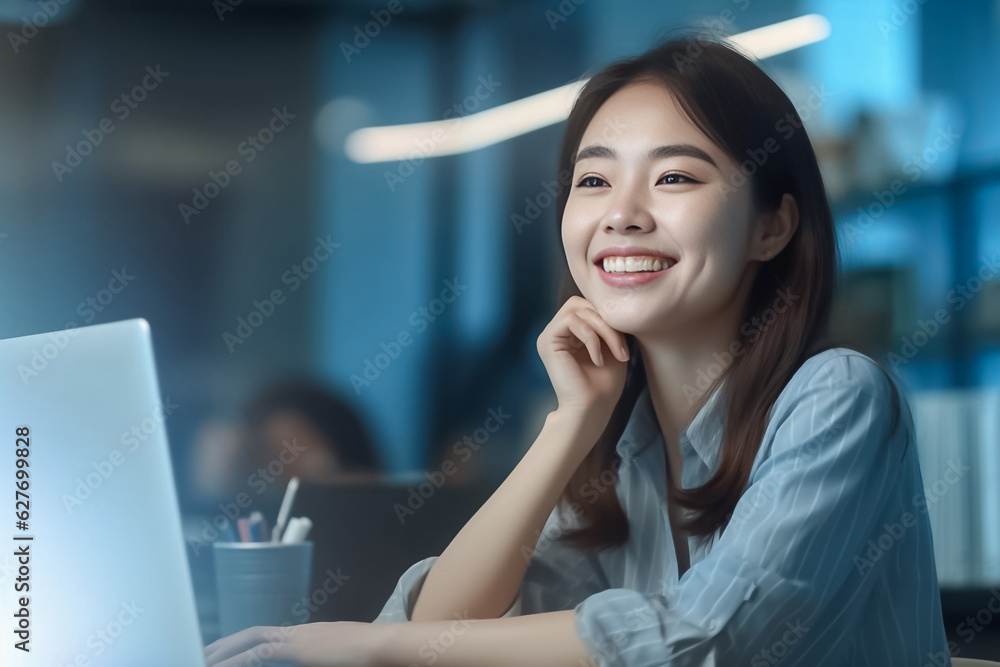 Asian office working girl with a radiant smile sits in front of her ...
