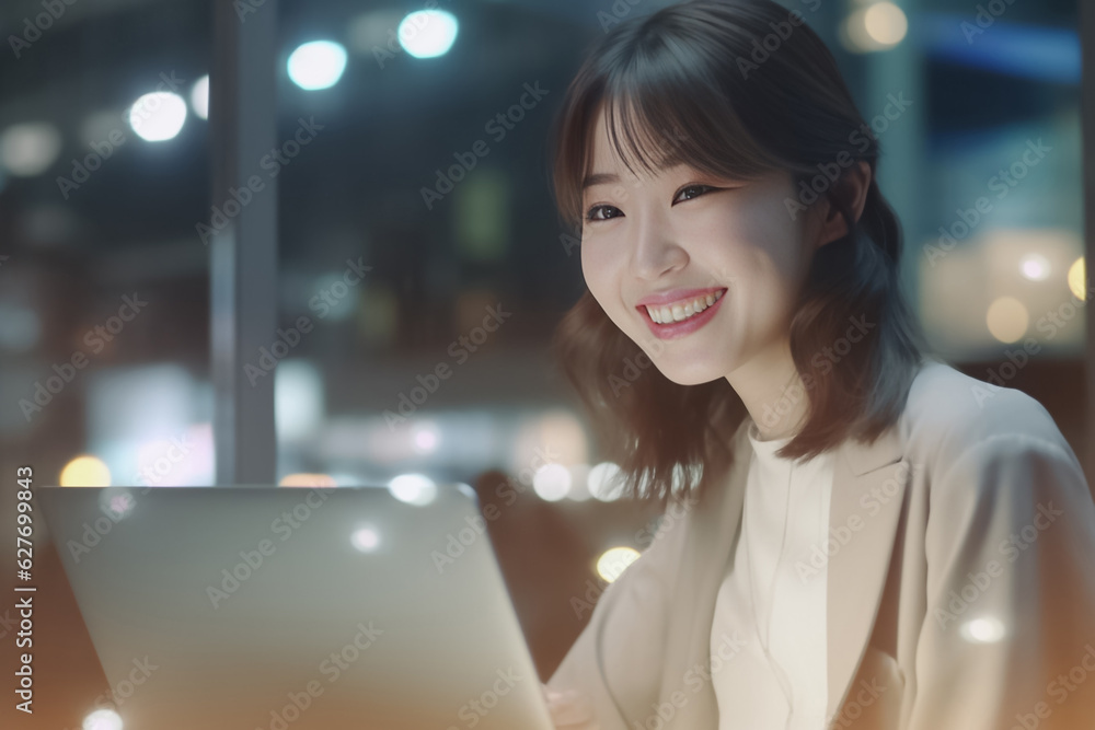 Asian office working girl with a radiant smile sits in front of her ...