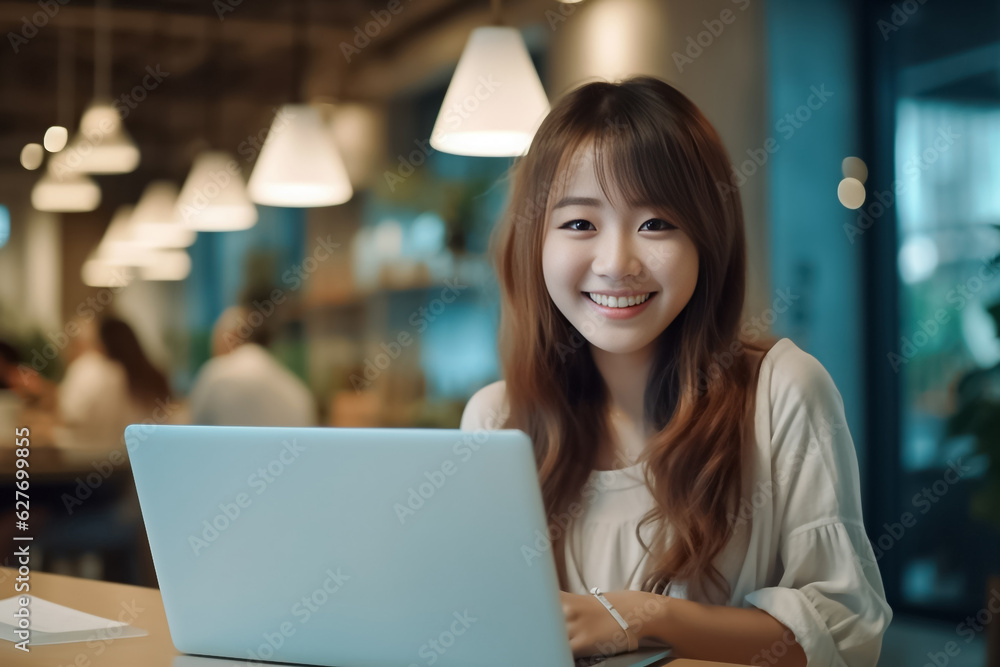 Asian office working girl with a radiant smile sits in front of her ...
