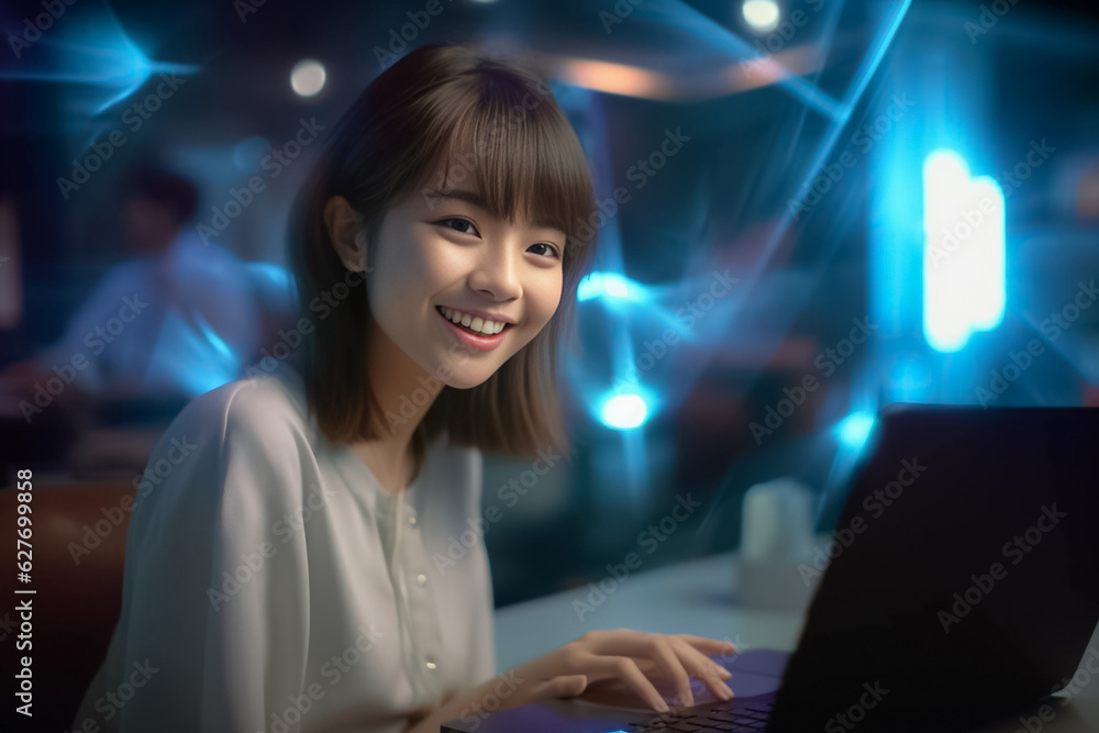 Asian office working girl with a radiant smile sits in front of her ...