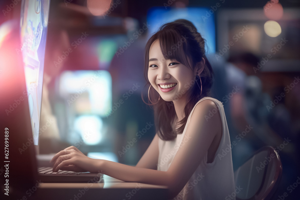 Asian office working girl with a radiant smile sits in front of her ...