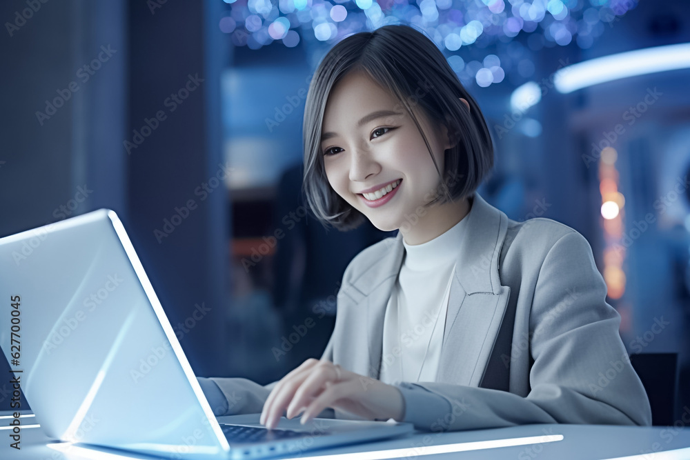 Asian office working girl with a radiant smile sits in front of her ...