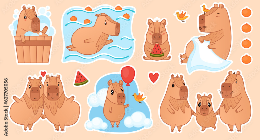 Cute capybaras family cartoon sticker set. Funny capibara characters ...