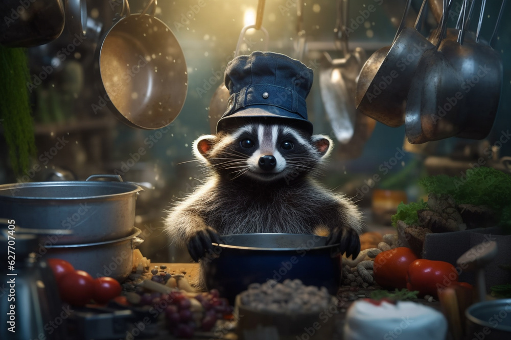 Hilarious Raccoon as Master Chef, Creating Culinary Magic in Kitchen ...