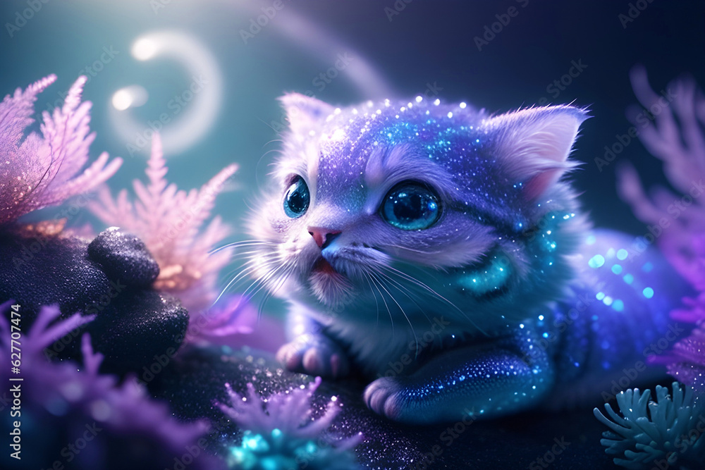 fictional alien magical cat in an aquarium from a planet with a ...