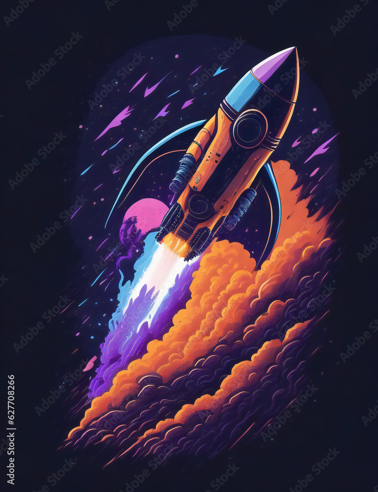 Digital Illustration Of A Vintage Space Rocket Bursting Into Space ...