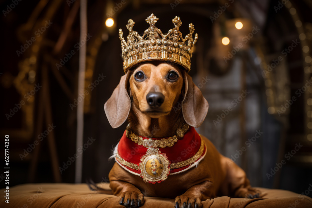 Dachshund dog dressed as a king with crown , pet treated like royalty Stock Photo | Adobe Stock