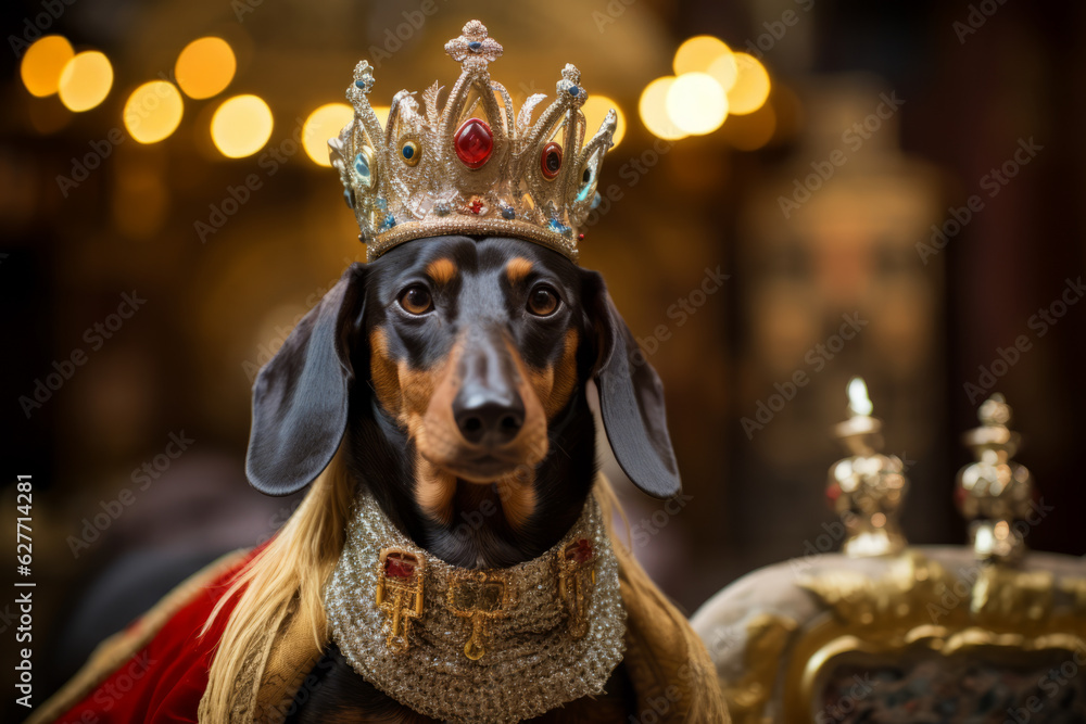 Dachshund dog dressed as a king with crown , pet treated like royalty Stock Photo | Adobe Stock