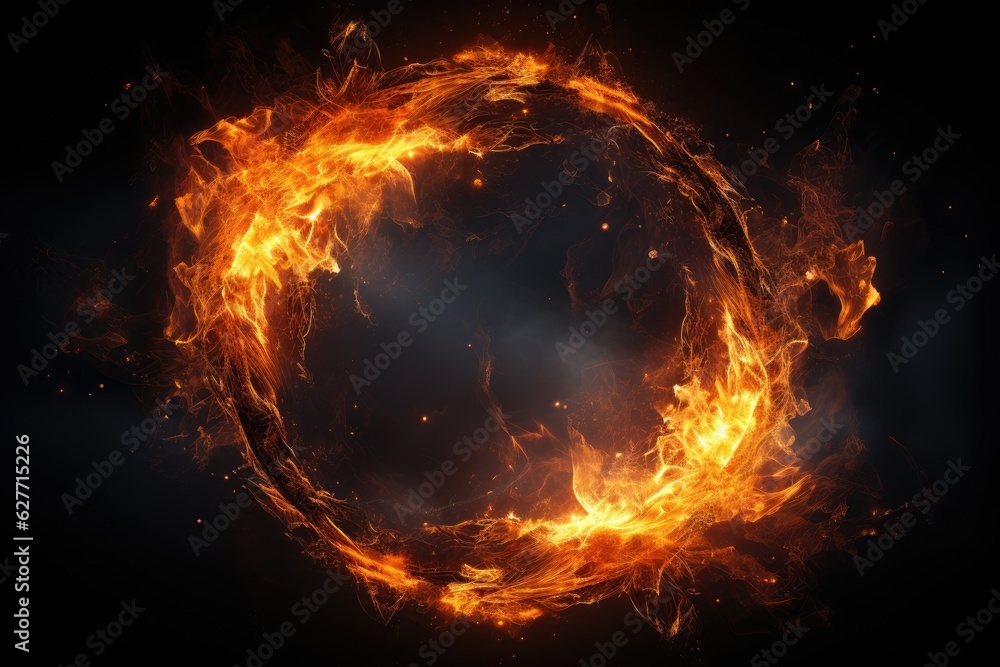 big circle with flames burning. a huge fire exploded. sparks on a dark ...
