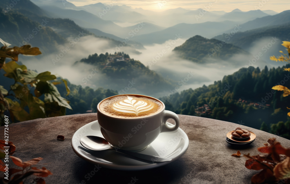 Morning coffee cup and coffee beans on table over mountains, landscape ...