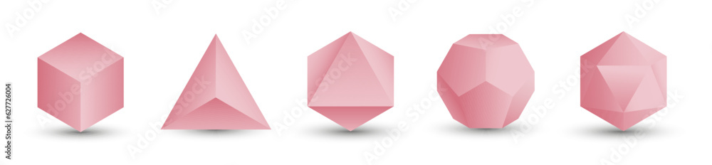 Set of pink vector editable 3D platonic solids isolated on white ...