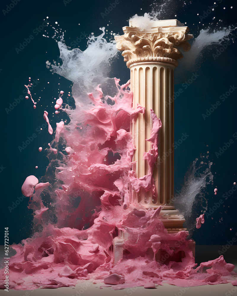 A beautiful antique column in deep water splashed with pink paint ...