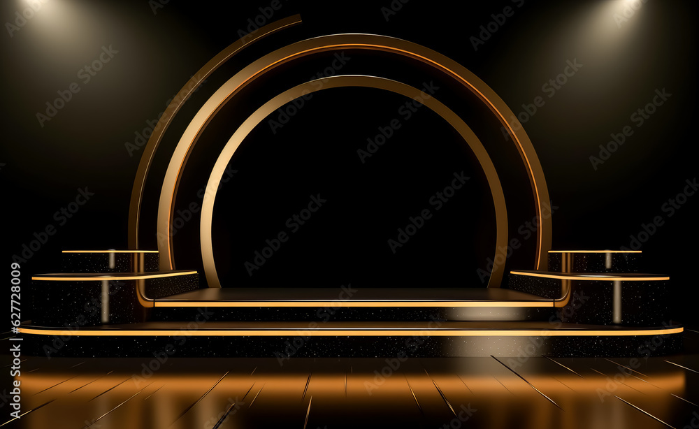 Elegant golden and stage backdrop with a podium on a black background ...