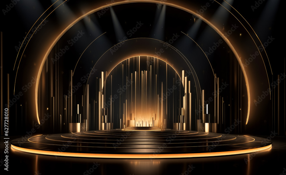 Elegant golden and stage backdrop with a podium on a black background ...