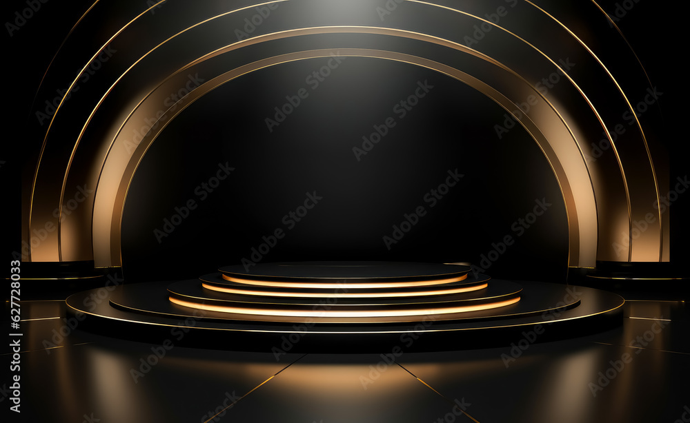 Elegant golden and stage backdrop with a podium on a black background ...
