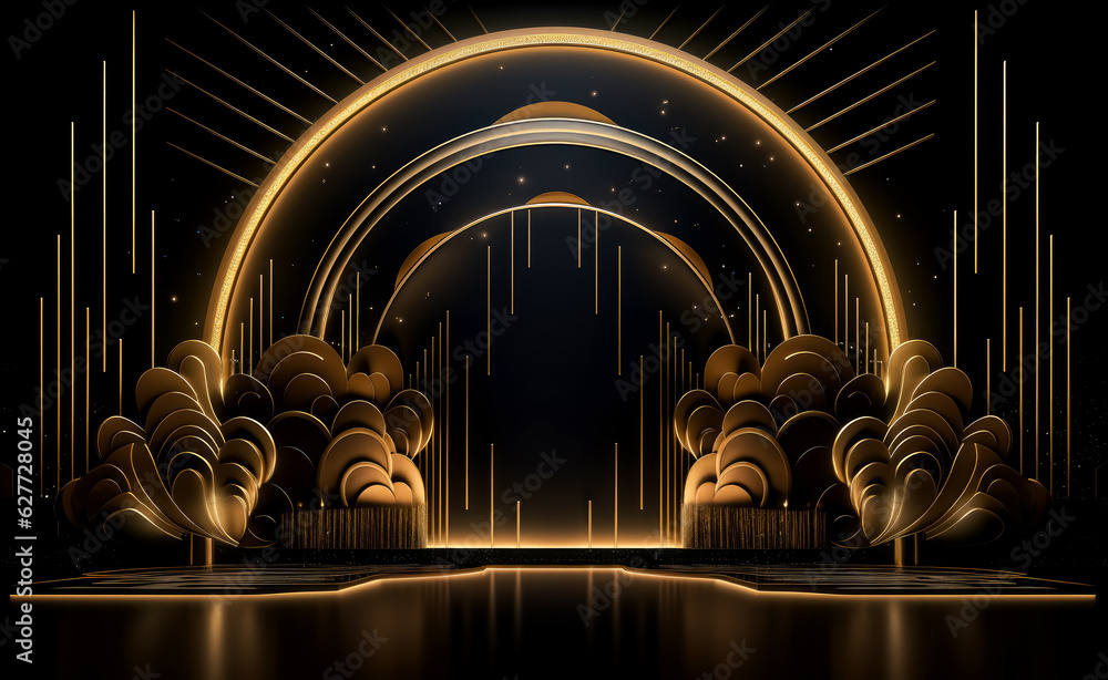 Elegant golden and stage backdrop with a podium on a black background ...